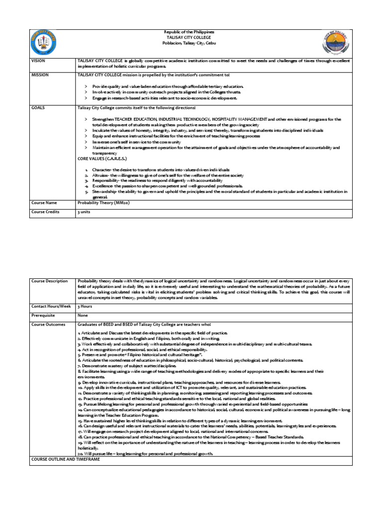Syllabus For MM20 CHED Format | PDF | Probability Distribution | Random ...
