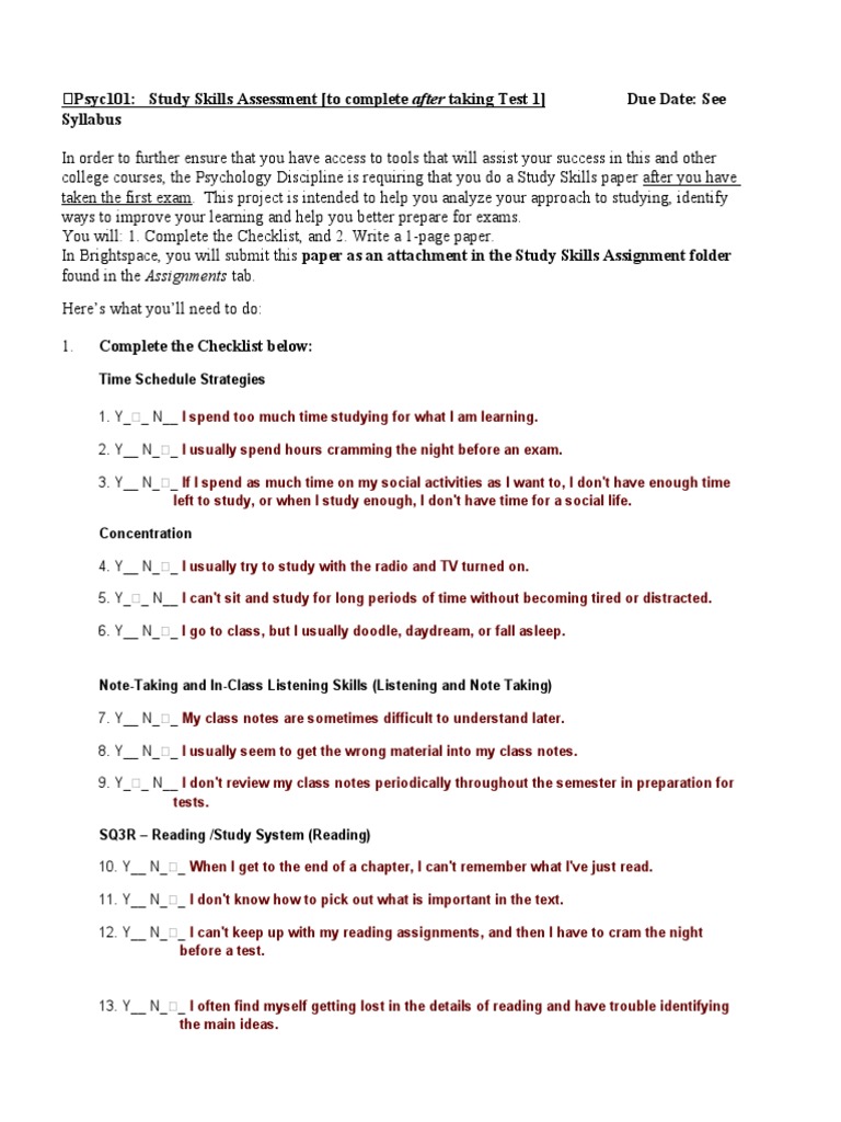 Psyc101: Study Skills Assessment (To Complete After Taking Test 1) Due ...