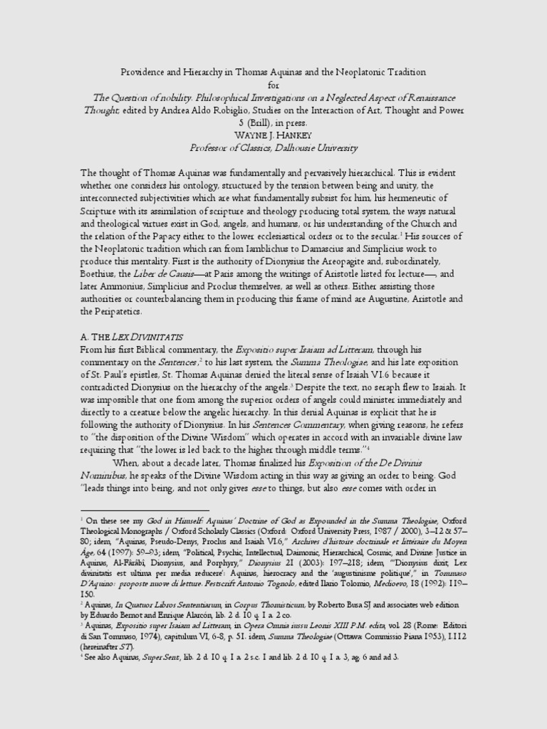 Providence and Hierarchy in Thomas Aquin | PDF | Neoplatonism | Platonism