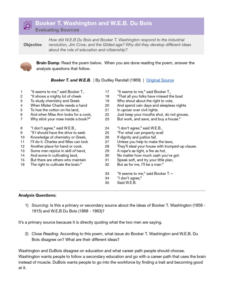 Booker T. Washington and W.E.B. Du Bois: Evaluating Sources | PDF | W ...