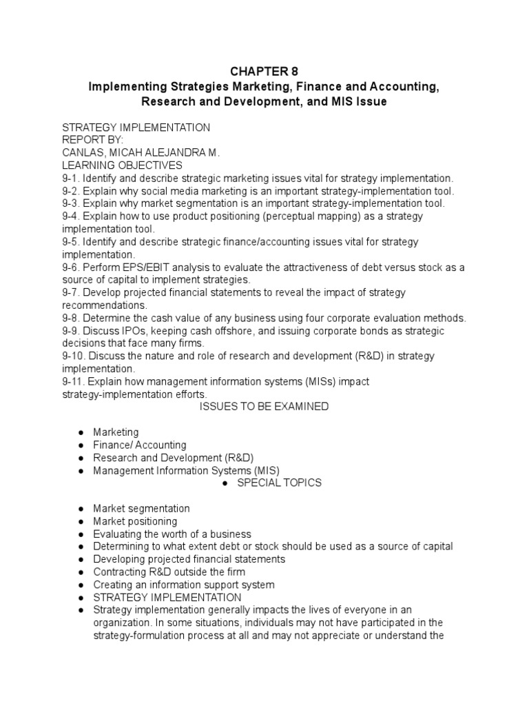 CHAPTER 8 - Implementing Strategies Marketing, Finance and Accounting ...