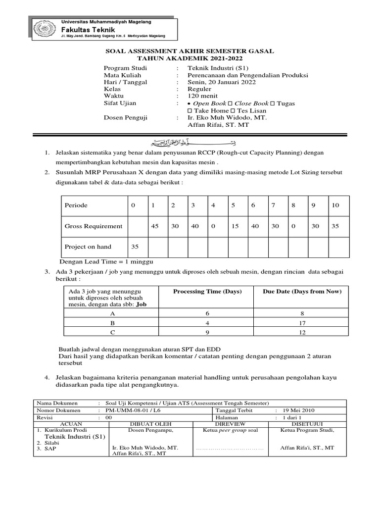 Soal Aas Perencanaan Dan Pengendalian Produksi | PDF