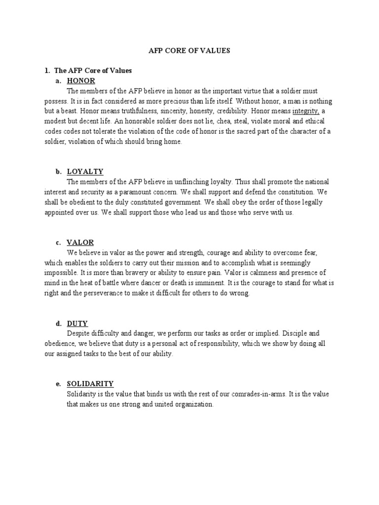 Afp Core of Values 1. The AFP Core of Values A. Honor | PDF | Courage ...