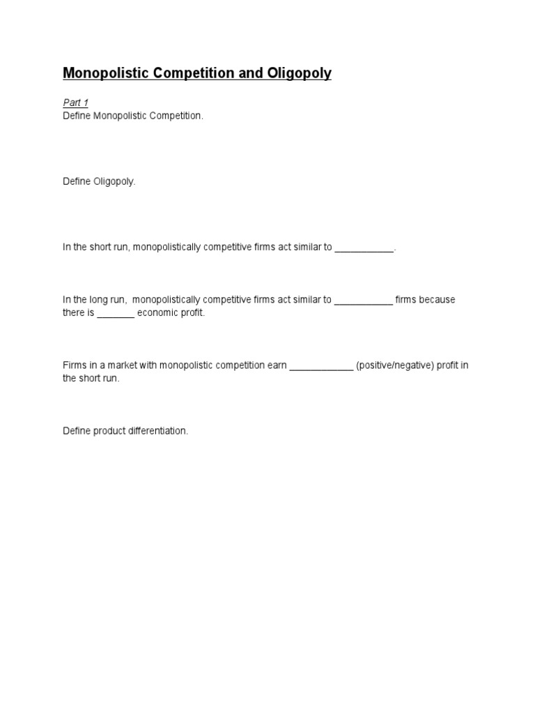 GSS Worksheet - Monopolistic Competition and Oligopoly | PDF