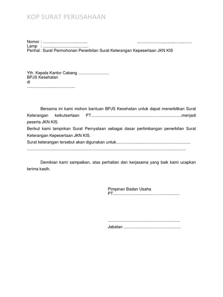 Surat Permohonan BU Penerbitan Surat Keterangan Kepesertaan JKN KIS | PDF