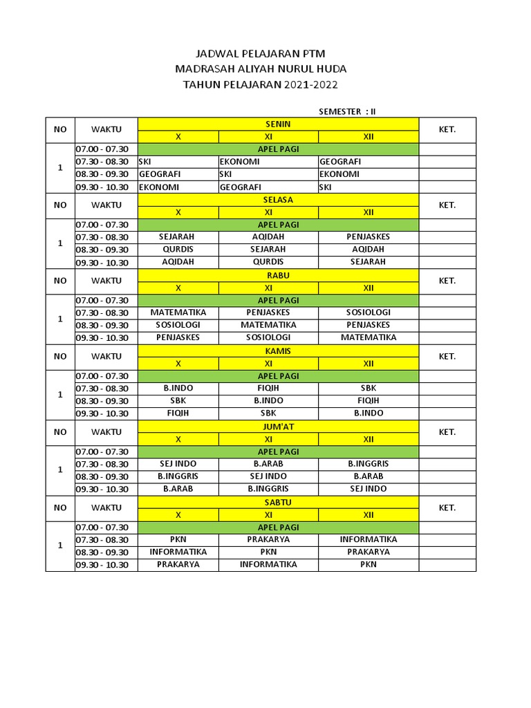 Jadwal Pelajaran PTM 2021 2022 | PDF
