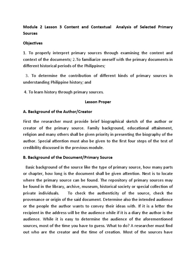 Module 2 Lesson 3 Content and Contextual Analysis of Selected Primary Sources | PDF | Philippines