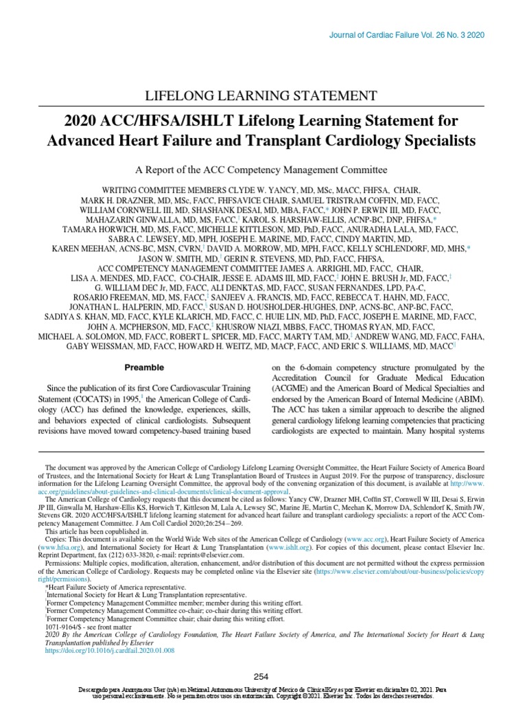 2020 ACC HFSA ISHLT Lifelong Learning Statement For Advanced Heart Failure and Transplant | PDF ...