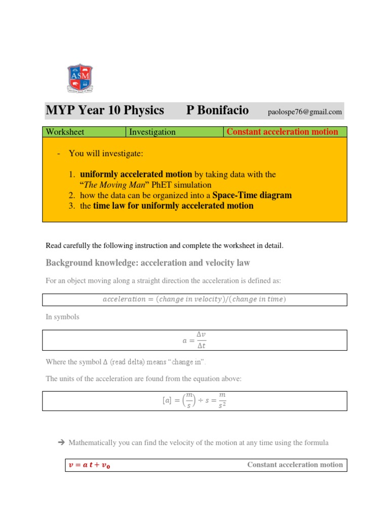 Constant Acceleration Motion Lab Phet | PDF | Acceleration | Velocity
