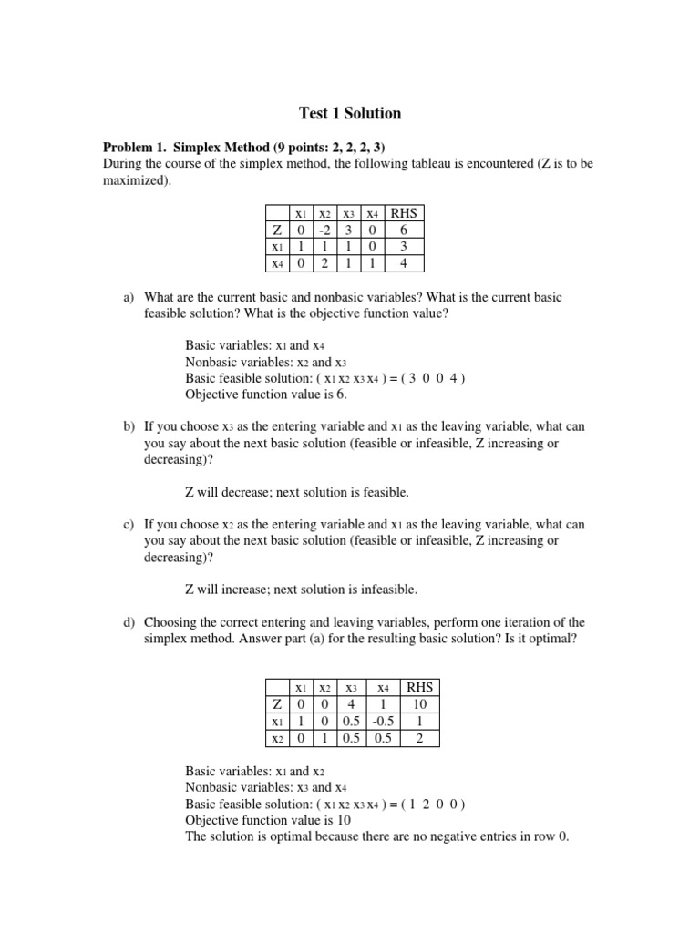 Test 1 Solution: Problem 1. Simplex Method (9 Points: 2, 2, 2, 3) | PDF ...