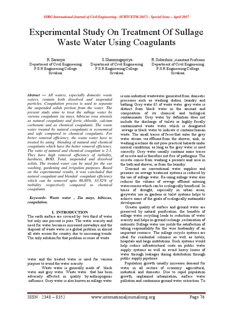 Treating Sullage Water Using Natural and Chemical Coagulants | PDF ...