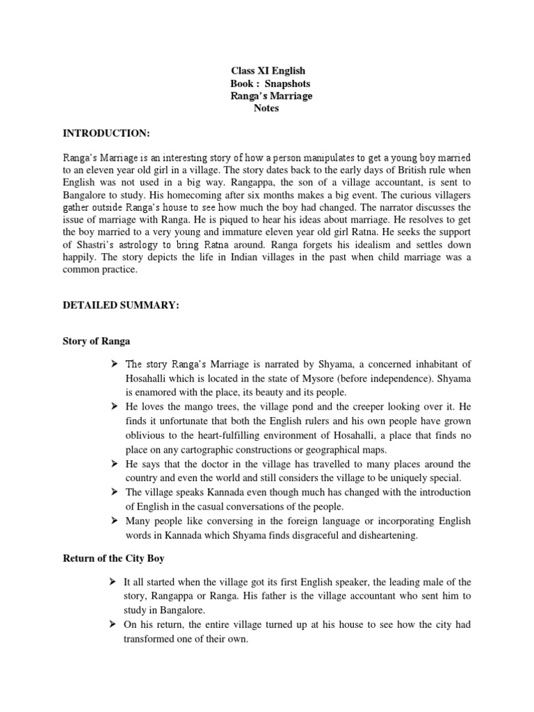 Class Xi English Book Snapshots Ranga S Marriage Notes Pdf