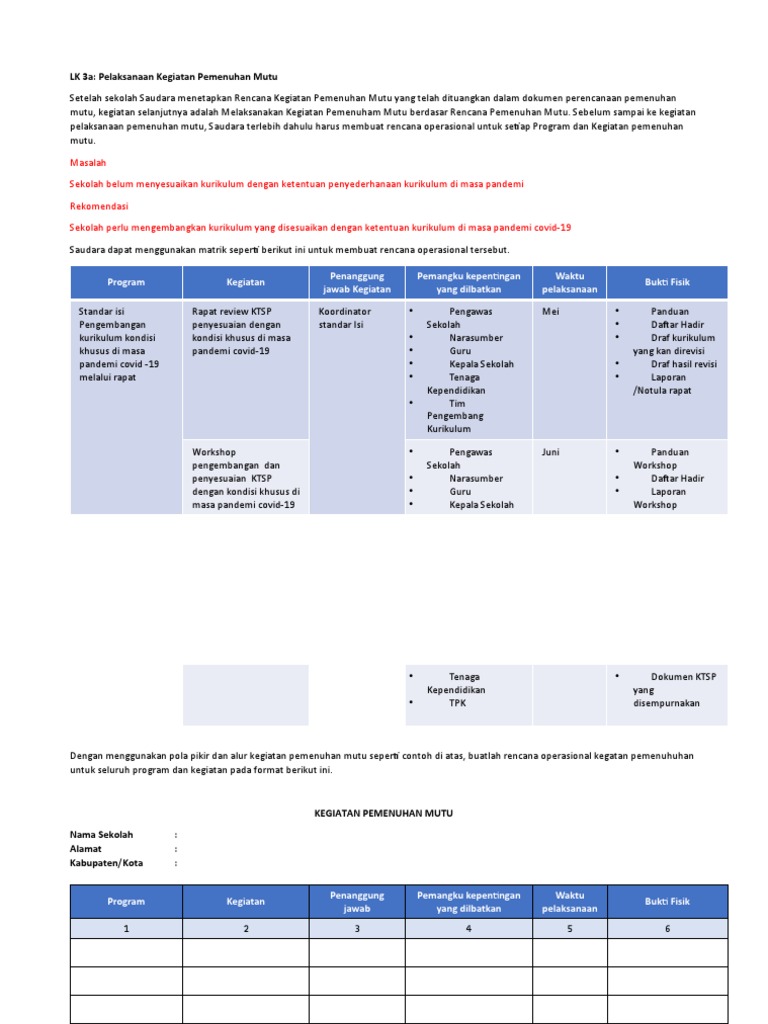 LK 3a. Pelaksanaan Kegiatan Pemenuhan Mutu | PDF