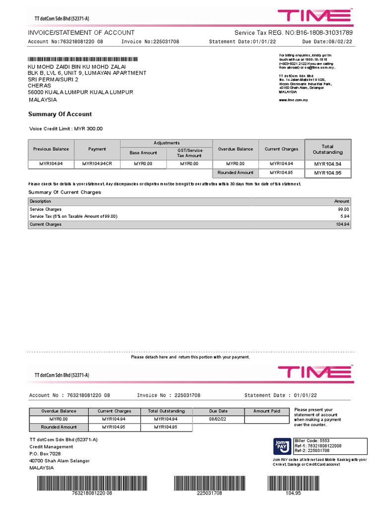 Summary of Account: Invoice/Statement of Account Service Tax REG. NO ...