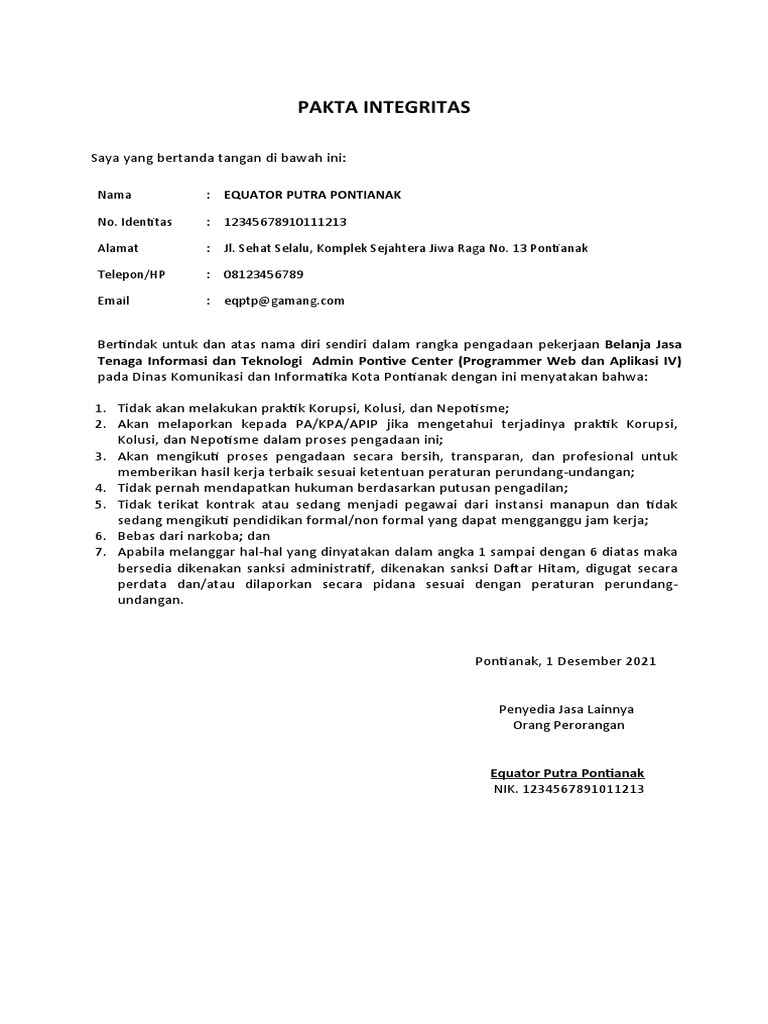Contoh Pakta Integritas - Ok | PDF