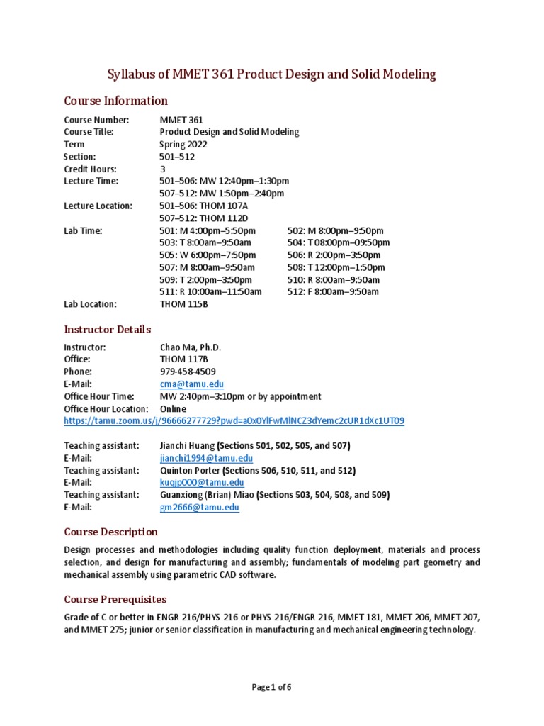 Syllabus of MMET 361 Product Design and Solid Modeling: Course ...