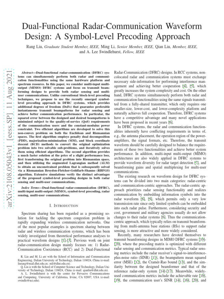 Dual-Functional Radar-Communication Waveform Design: A Symbol-Level Precoding Approach | PDF ...