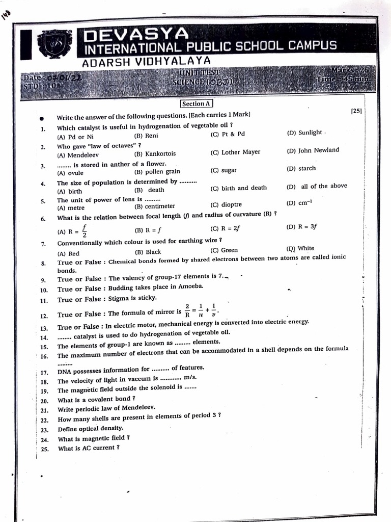 Std-10th Science Unit Test Pepar | PDF | Chemical Bond | Atomic