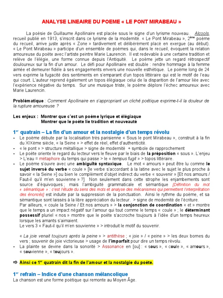 Analyse du poème "Le Pont Mirabeau" | PDF | Verbe | Amour
