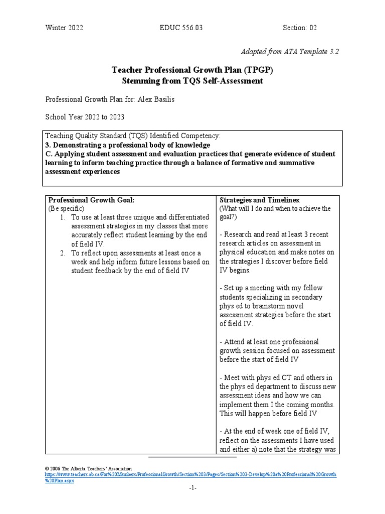 Teacher Professional Growth Plan (TPGP) Stemming From TQS Self-Assessment | Download Free PDF ...