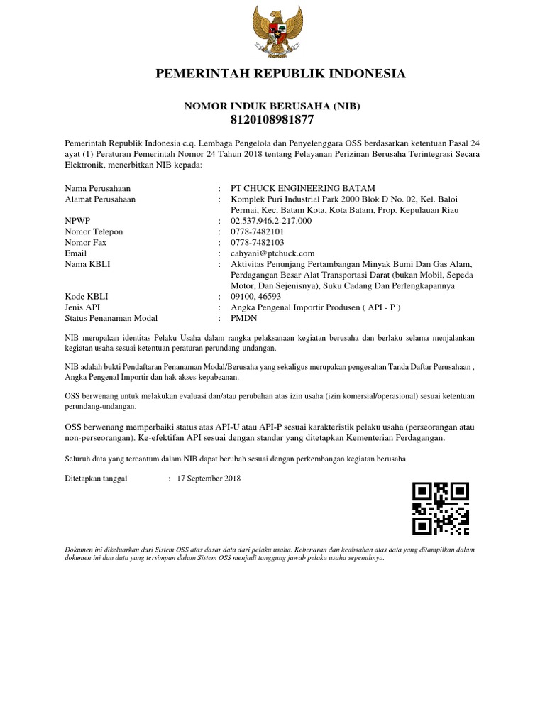 NIB PT Chuck Engineering Batam | PDF