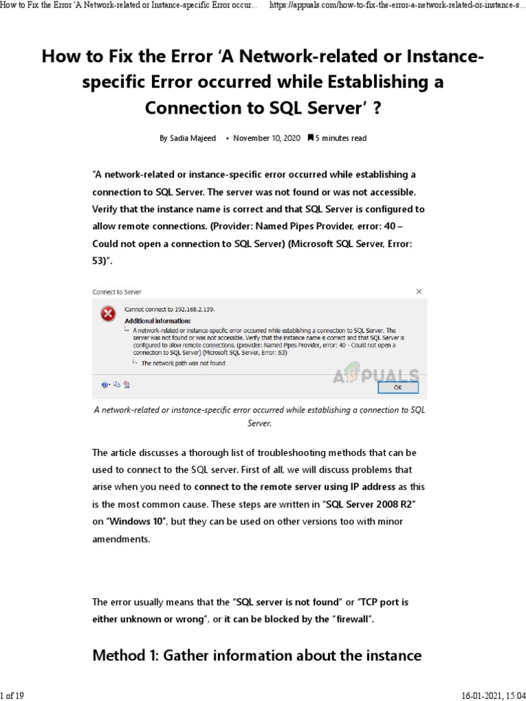 A Network-Related or Instance-Specific Error Occurred While Establishing A Connection To SQL ...