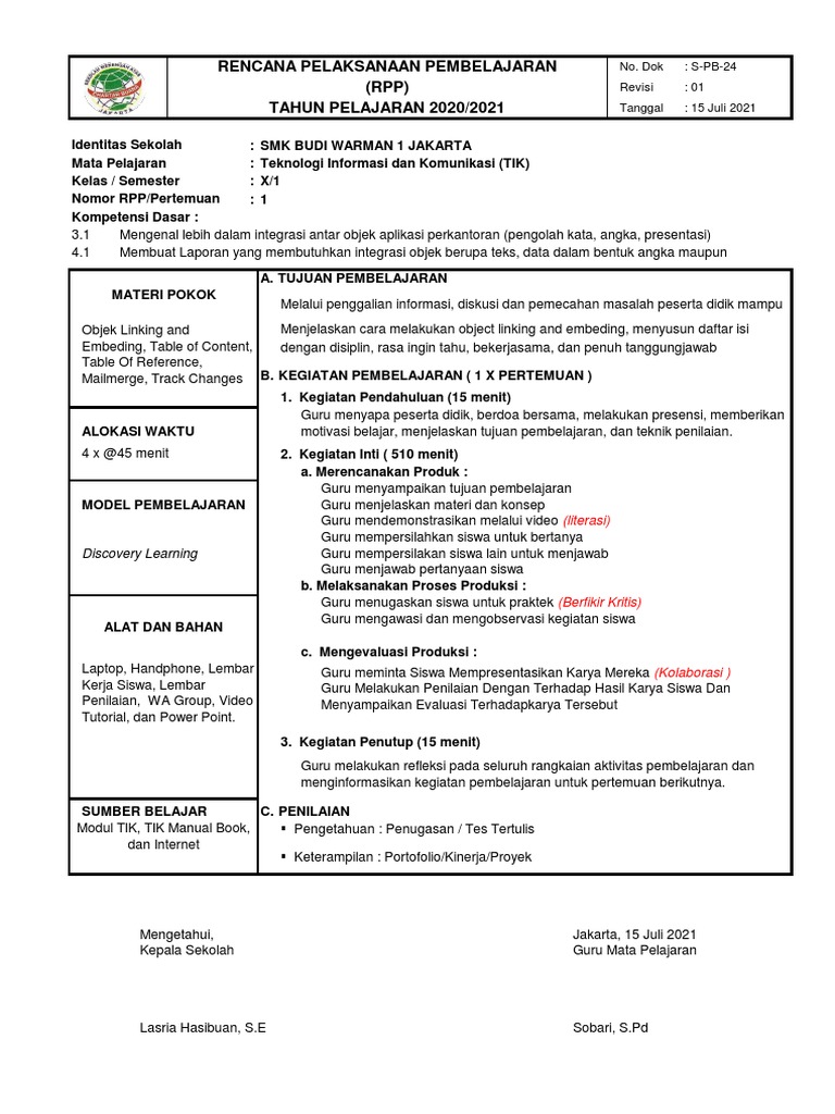 RPP - Tik Kelas X - Sobari Pert 2 (Mail Merge) | PDF