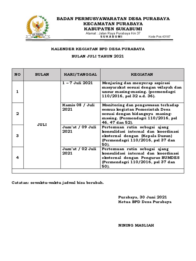 Kalender Kegiatan BPD Desa Purabaya Bulan Juli 2021 | PDF