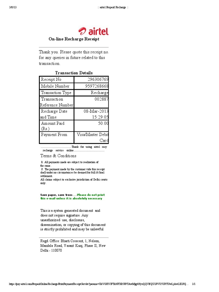 Airtel Prepaid Recharge Receipt Format PDF Free | PDF