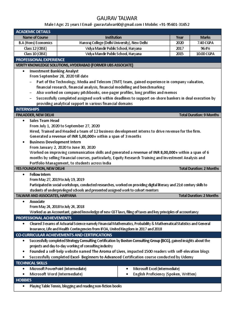 Gaurav Talwar CV | PDF | Business | Economies