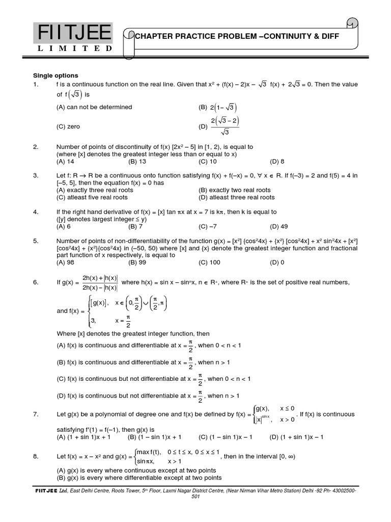 Fi I Tjee: Limited Chapter Practice Problem - Continuity & Diff | Download Free PDF | Function ...