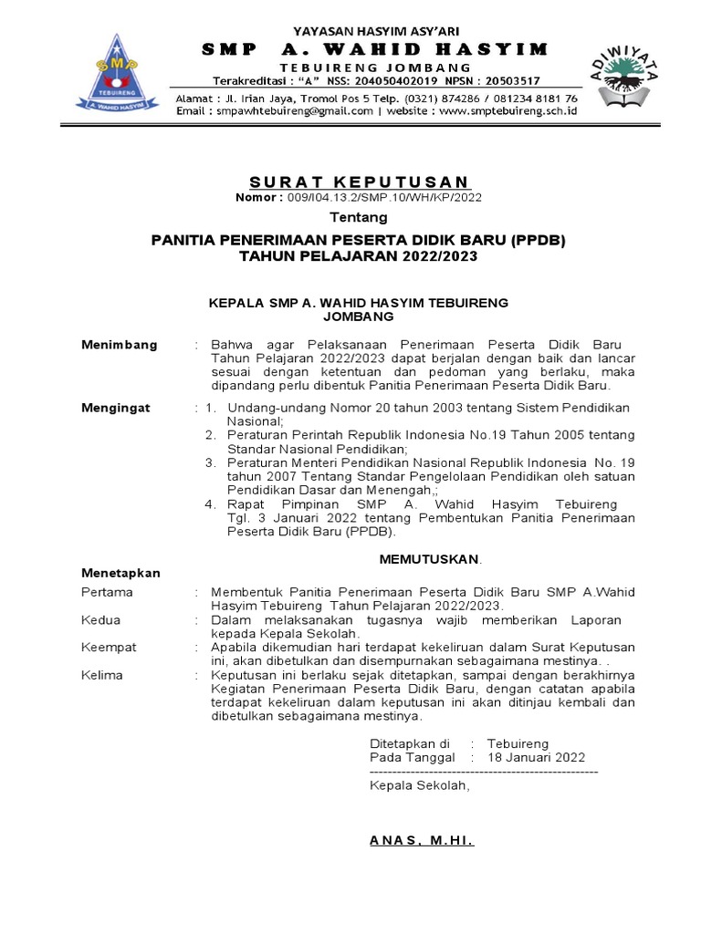 Contoh SK PANITIA PPDB 2021-2022 - 12-01-2021 | PDF