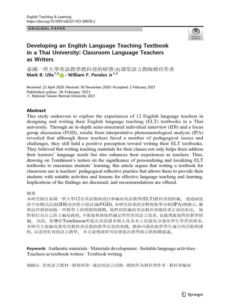 Developing An English Language Teaching Textbook in A Thai University ...