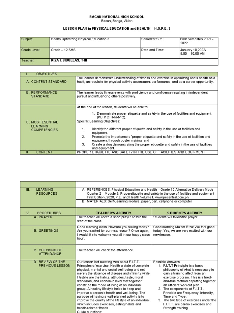 Lesson Plan in Pe 12 | PDF | Physical Education | Physical Fitness