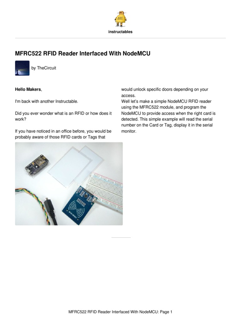 Mfrc522 Rfid Reader Interfaced With Nodemcu: Hello Makers | PDF | Radio ...
