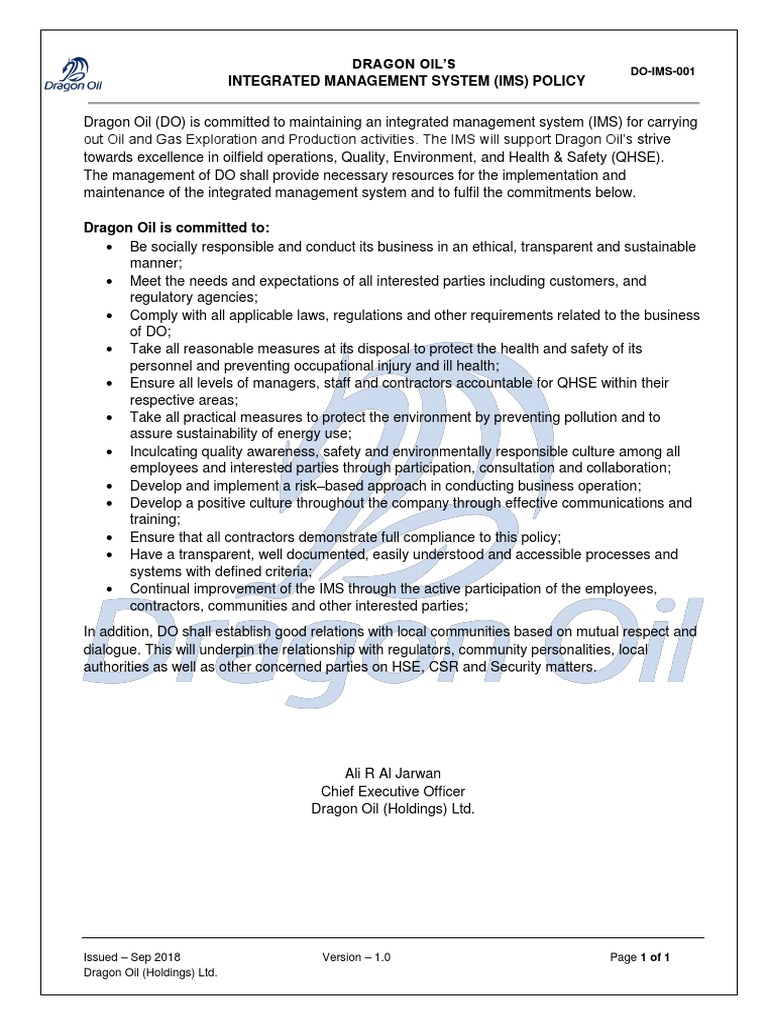 Dragon Oil IMS Policy DO-IMS-001 | PDF | Corporate Social ...
