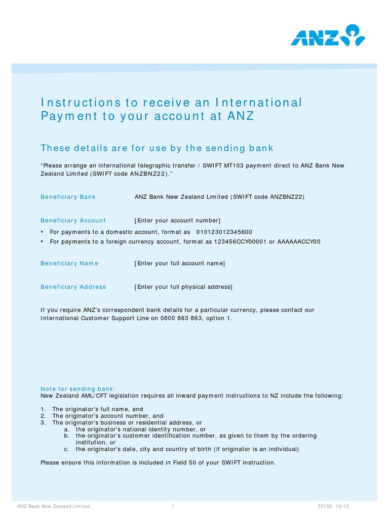 Instructions To Receive An International Payment To Your Account at ANZ | PDF