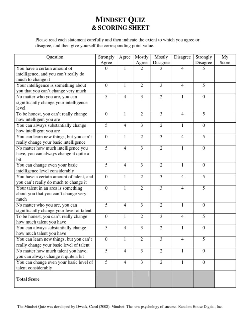 Indset UIZ & Scoring Sheet: Total Score | PDF | Mindset | Cognition