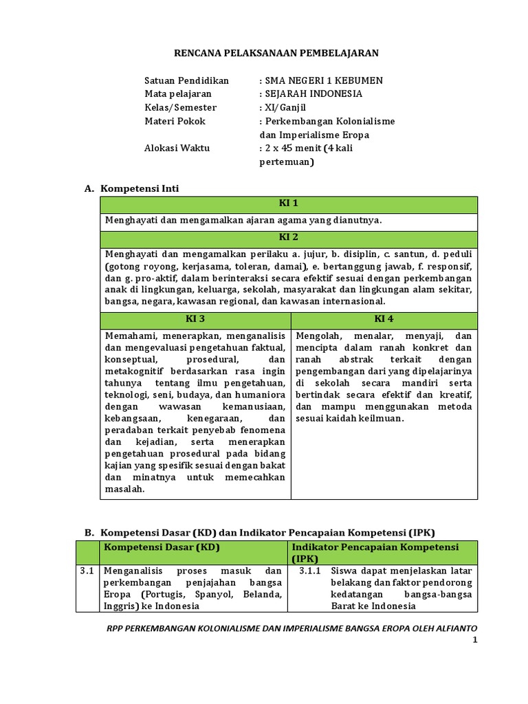RPP Sejarah Indonesia Kelas 11 KD 3.1 | PDF