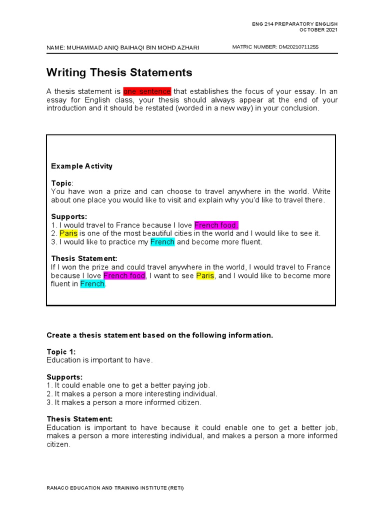 Writing Thesis Statements: Example Activity Topic | PDF | Thesis | Essays