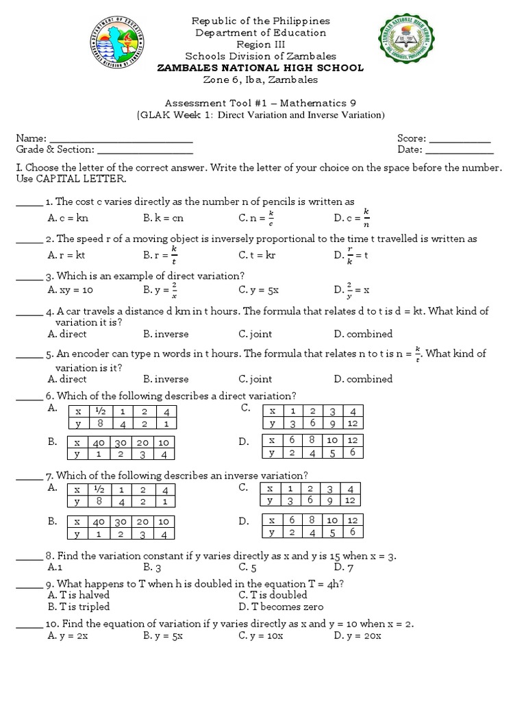Math 9 Assessment: Variations Test | PDF | Mathematics