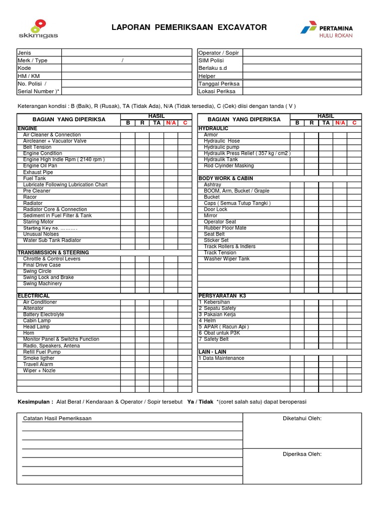 Form Inspeksi Alat Berat (Excavator) | PDF