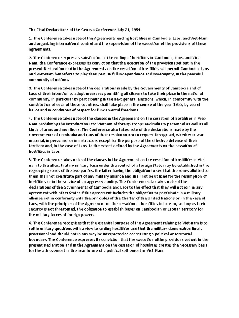 The Final Declarations of The Geneva Conference July 21 1954 and ...