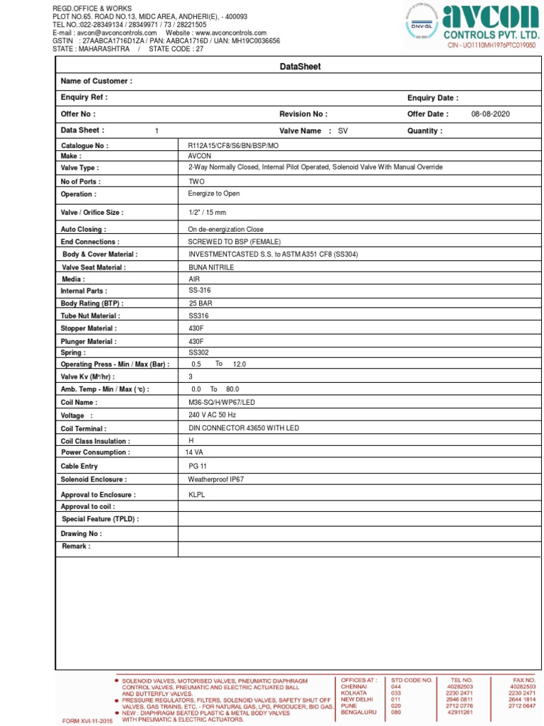 AVCON 2-Way Solenoid Valve Data Sheet | PDF
