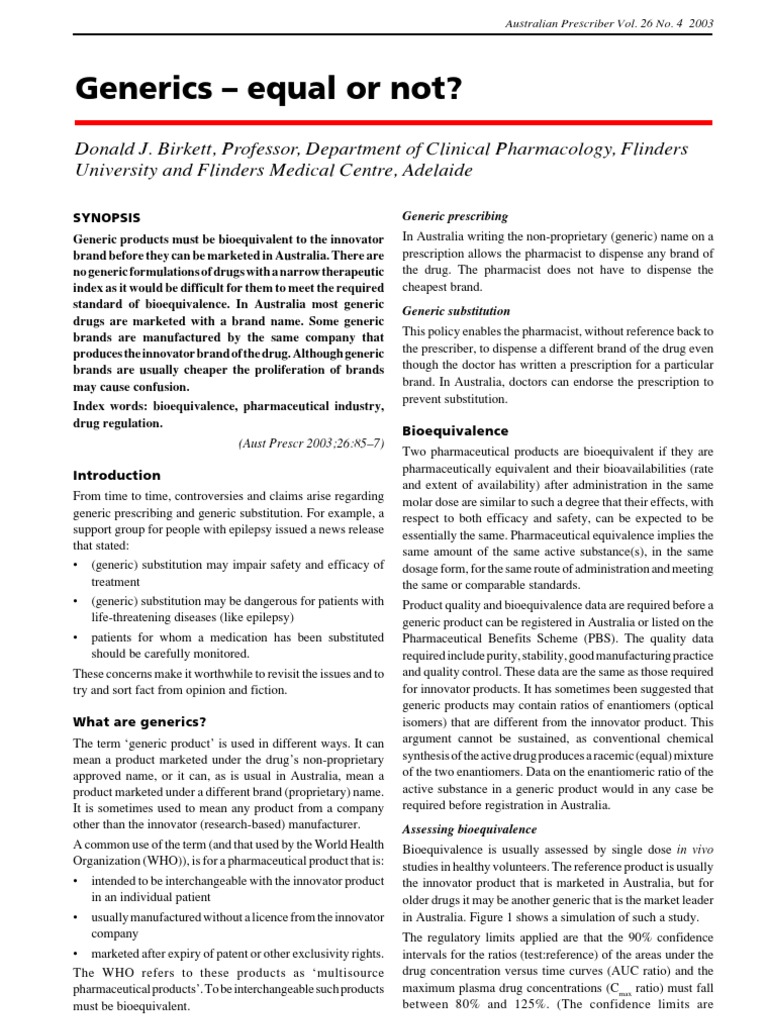 2003 (Australia Tmax) Generics - Equal or Not | PDF | Generic Drug ...
