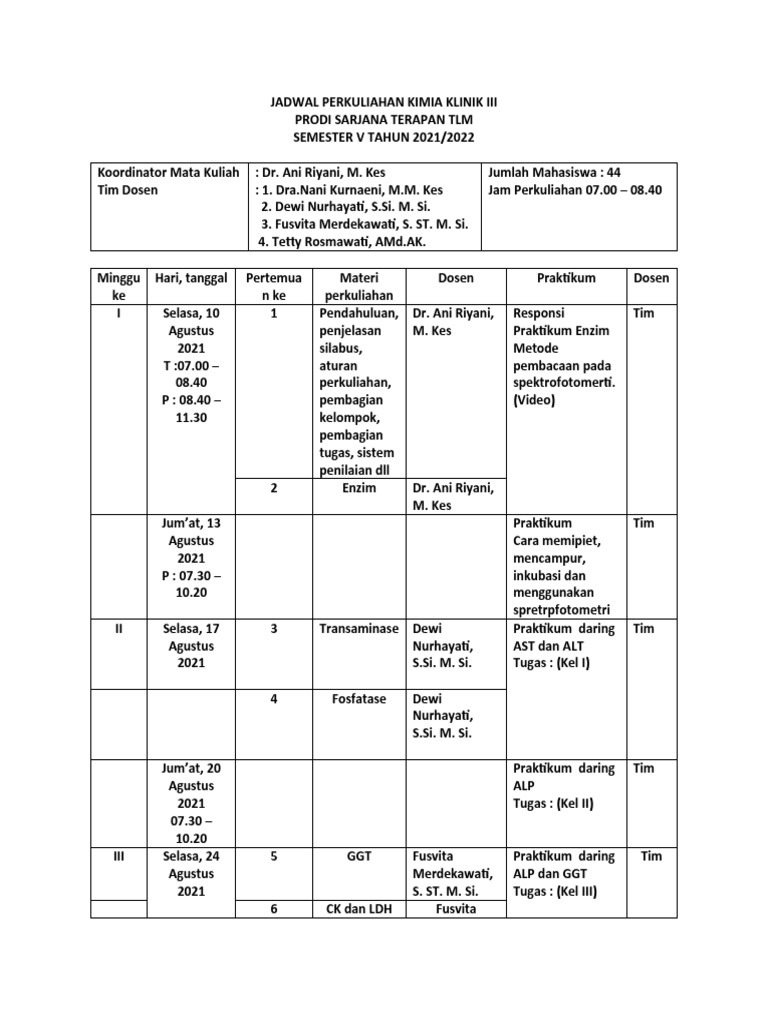 Silabus Perkuliahan Kimia Klinik Iii - D4 2021-2022 | PDF