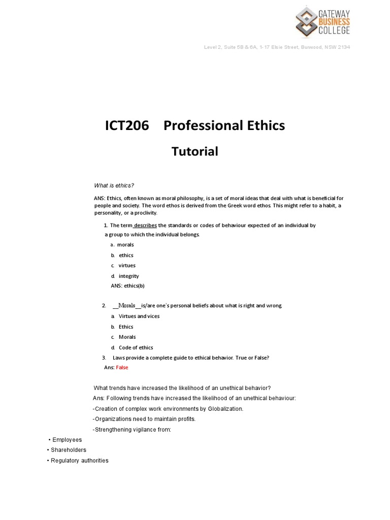 ICT206 Professional Ethics: Tutorial | PDF