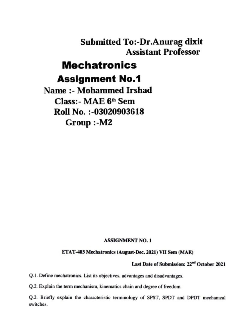 Mohammed Irshad (Mechatronics Assignment 1) | PDF | Switch | Equipment