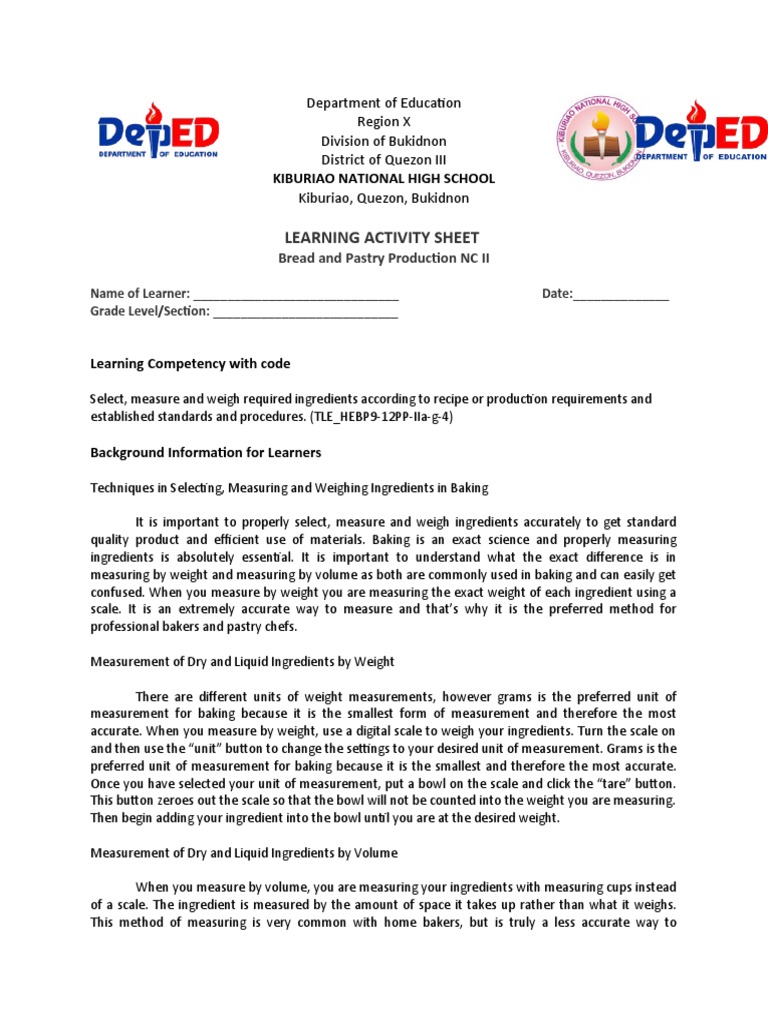 Learning Activity Sheet | PDF | Weight | Baking