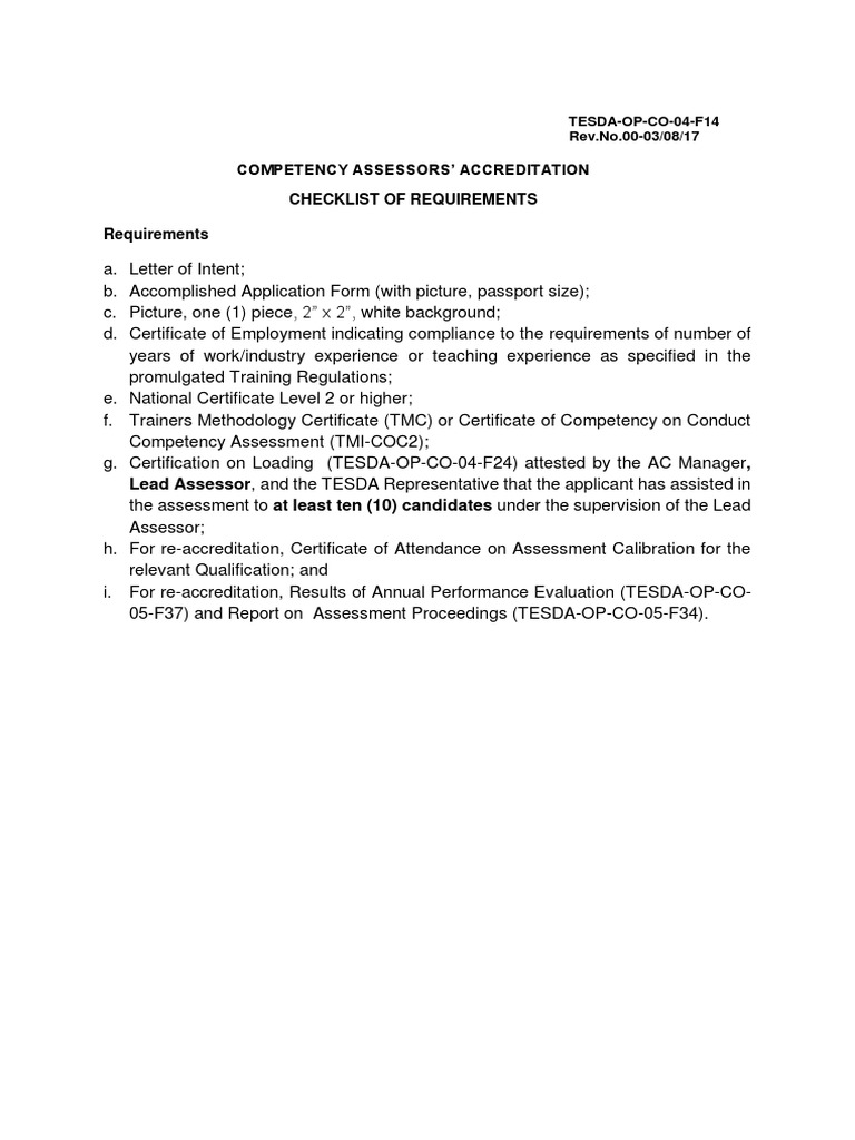 TESDA Competency Assessor Accreditation Guide | PDF | Certification